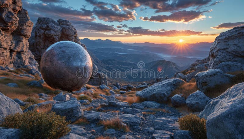 A Massive Metallic Sphere Rests among Rocky Terrain, Illuminated by a ...