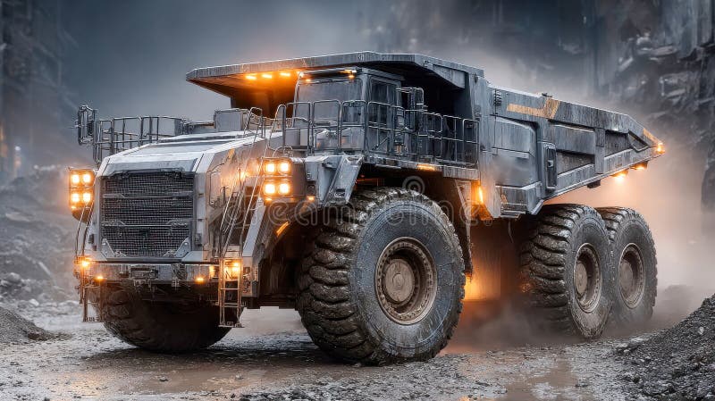 Massive Mining Truck in a Dramatic Industrial Landscape, Headlights on ...