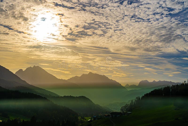 Massive Mountain Chain, Forest and Meadows of the German Alps Stock ...