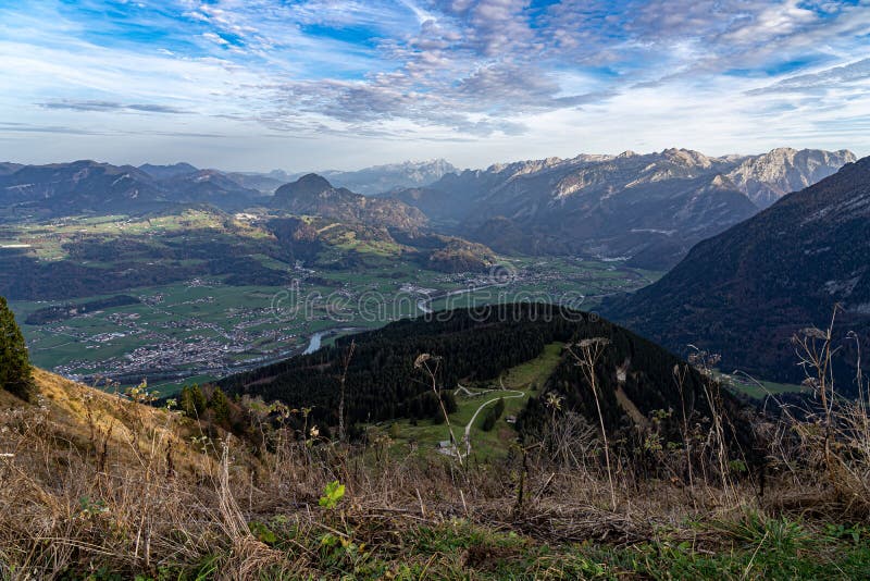 Massive Mountain Chain, Forest and Meadows of the German Alps Stock ...