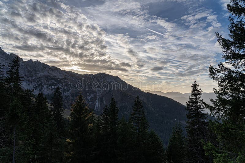 Massive Mountain Chain, Forest and Meadows of the German Alps Stock ...
