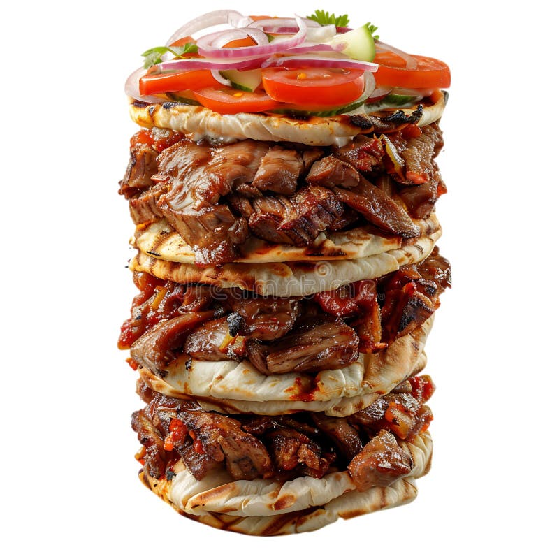 Towering Stack of Delicious Meat and Flatbread with Fresh Toppings ...