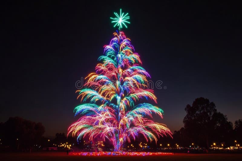 Massive Multicolored Fireworks Display in the Shape of a Christmas Tree ...