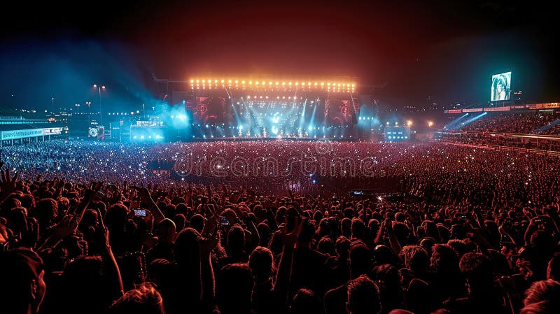Massive Musical Concert in a Large Stadium with a Large Stage Seen from ...