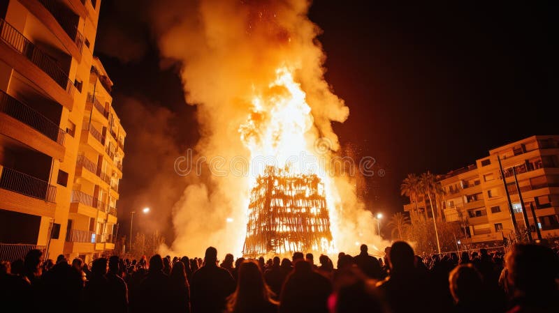 Massive Nighttime Bonfire Gathering with Diverse Crowd Watching in ...