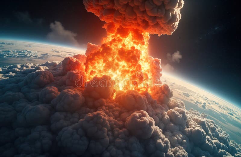 Fiery Nuclear Explosion Mushroom Cloud with Intense Reflection Stock ...