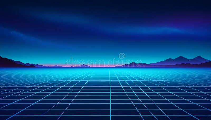 Massive Ocean with Digital Grid and Sunset Gradient Horizon Stock ...