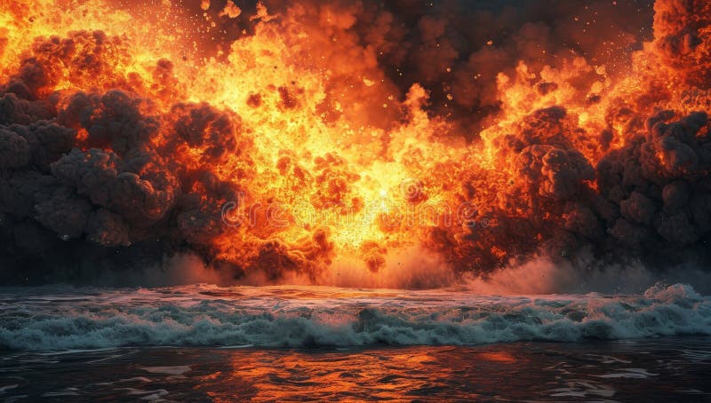 Massive Ocean Explosion with Fiery Clouds and Waves Stock Illustration ...