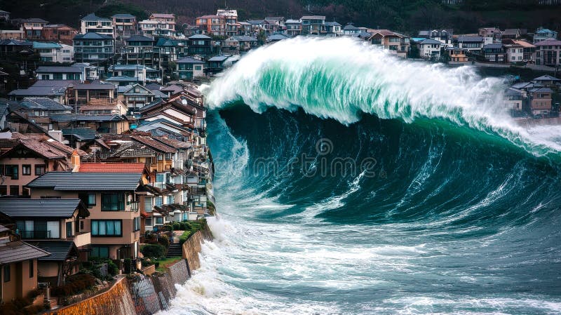 Massive Ocean Wave Approaches Coastal Town in Dramatic Scene Stock ...