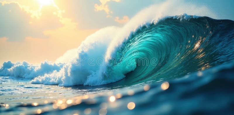 Massive Ocean Wave Breaks, Sunlight Glints Off Spray , Coastal, Blue ...