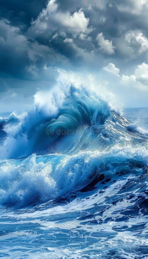 Massive Ocean Wave Dramatically Rising Against Clear Blue Sky in ...