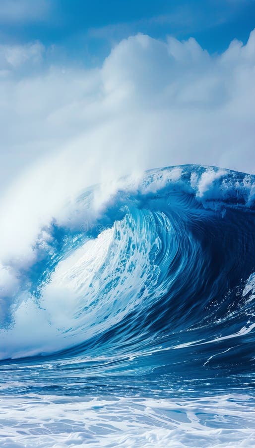 Massive Ocean Wave Rising Dramatically Against Brilliant Blue Sky in ...