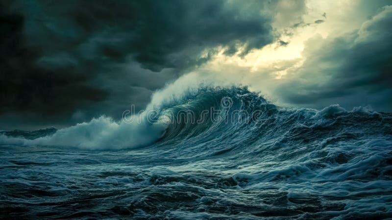 Massive Ocean Wave Rising Powerfully Under Dark Storm Clouds Stock ...