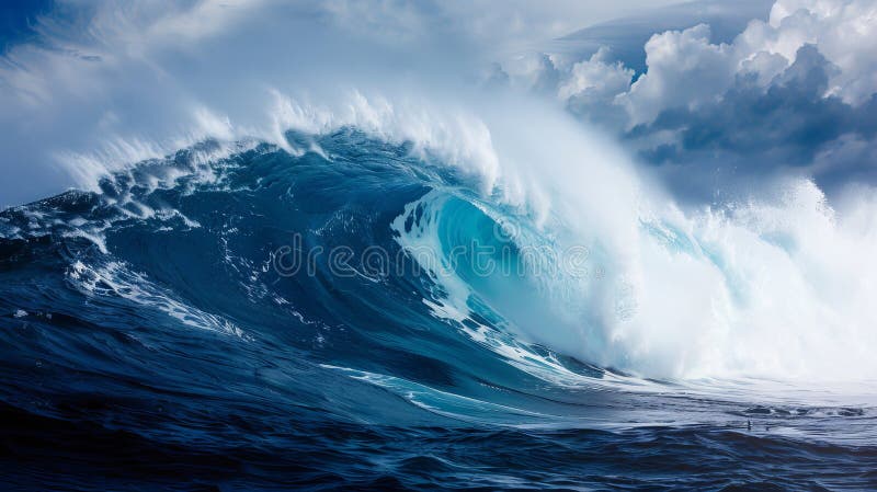 Massive Ocean Wave Rising Under a Clear Blue Sky in a Side View ...
