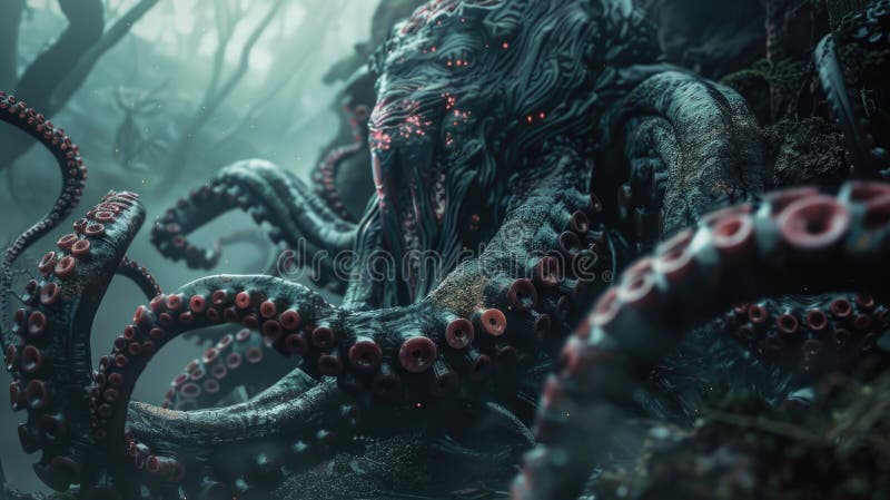 A Massive Octopus Sits Amidst Trees and Underbrush, Its Tentacles ...