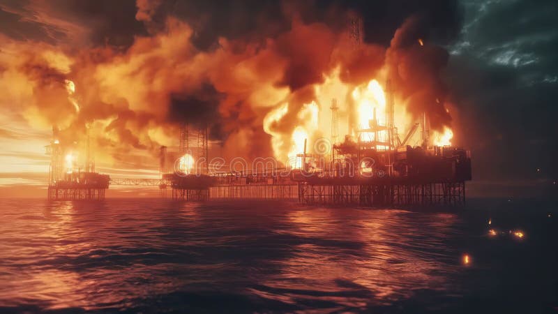 Burning Offshore Oil Platform Engulfed in Flames, Revealing Nighttime ...