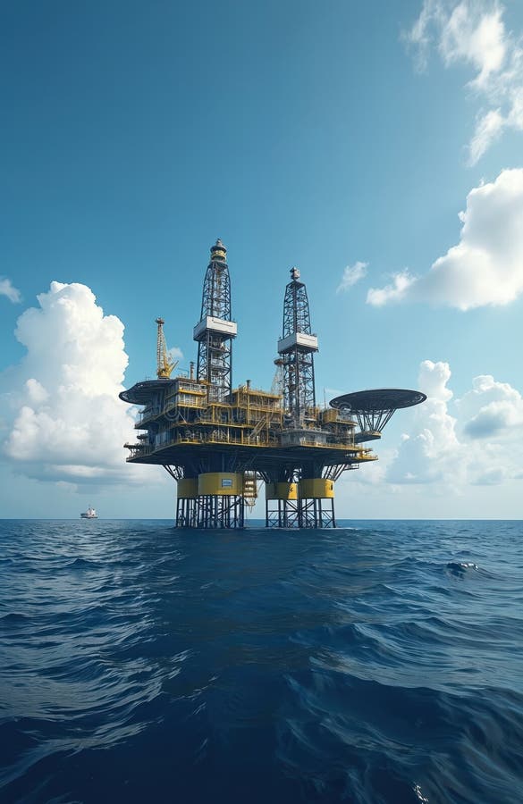 Massive Offshore Oil Rig Platform in Deep Blue Ocean Waters Under Clear ...