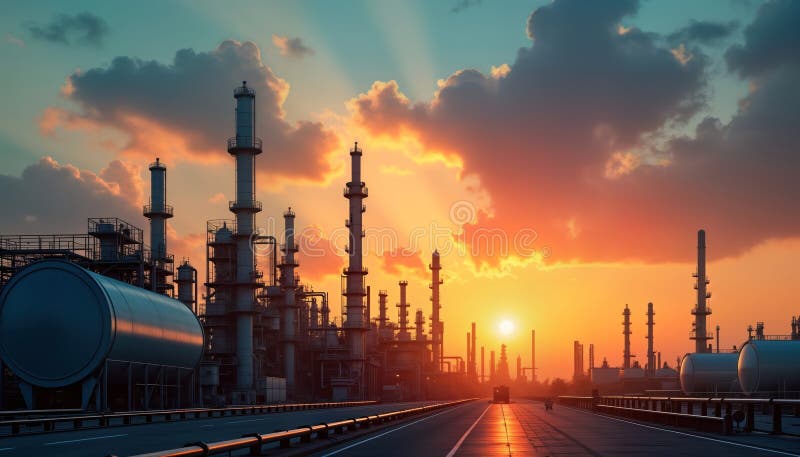 Massive Oil Refinery Complex at Sunset. Industrial Structures, Large ...