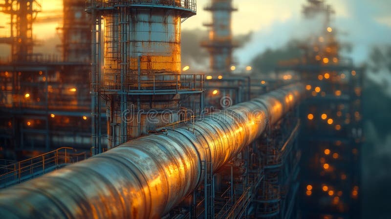 Industrial Oil Refinery at Sunset Generative AI Stock Illustration - Illustration of technology ...