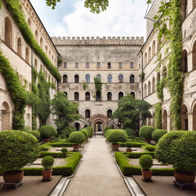 Massive Open Castle Courtyard with Trees and Plant Stock Photo - Image ...