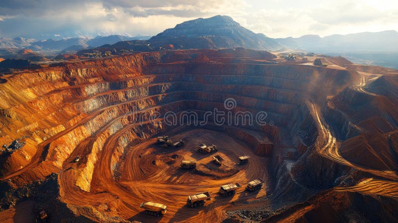 Massive Open Pit Mine Operating in Rugged Terrain with Heavy Machinery ...