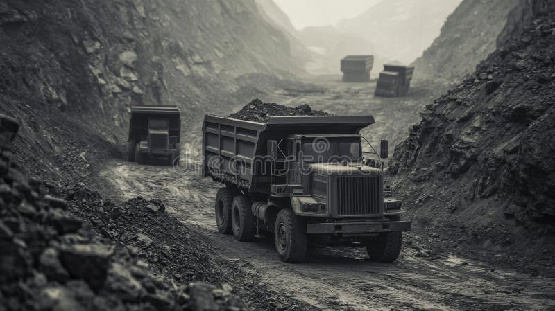 A Massive Open Pit is Traversed by a Dump Truck, Hauling Materials ...