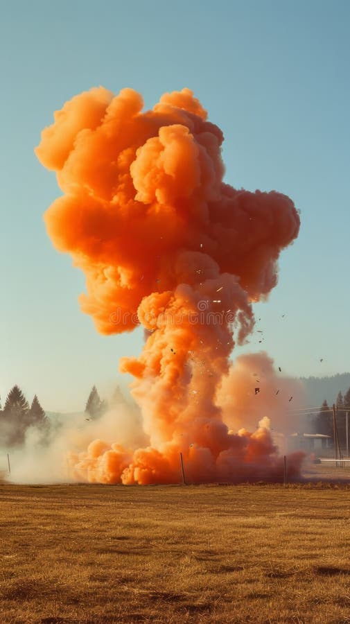 Massive Orange Explosion in a Field with Clear Blue Sky Stock Image ...