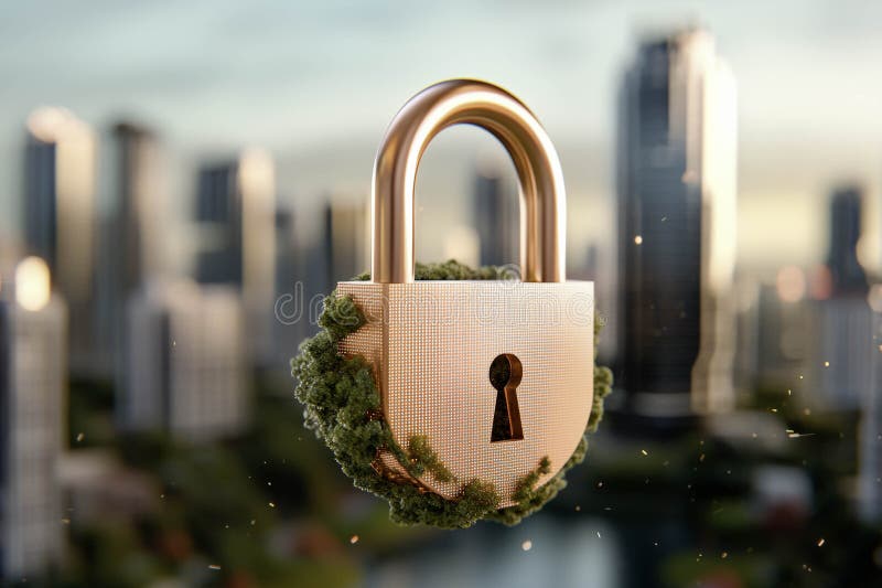 A Large Padlock Covered with Green Trees Floats Above the Landscape ...