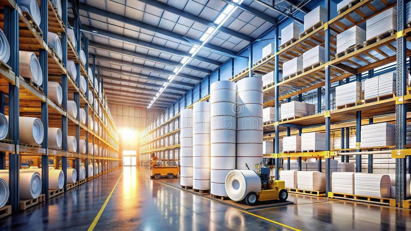 Massive Paper and Foil Rolls Stacked High in Industrial Warehouse ...