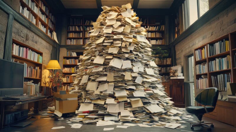 Massive Paper Pile in Vintage Library Room Stock Illustration ...