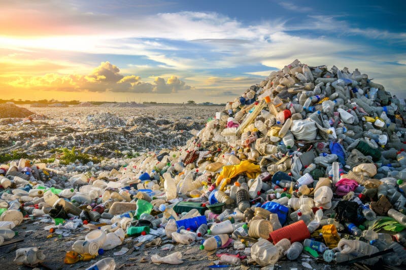 Massive Plastic Waste Heap Under Cloudy Sky at Dusk Stock Photo - Image ...