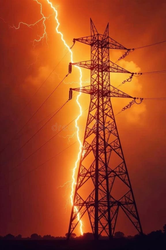 Massive Power Line Tower Engulfed in a Sudden Lightning Flash , Dark ...