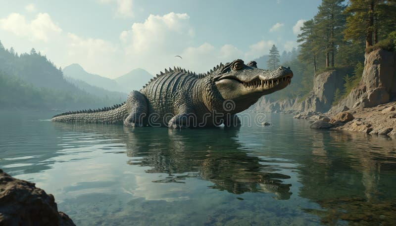 Massive Prehistoric Crocodile Emerges from Tranquil Ancient Water ...