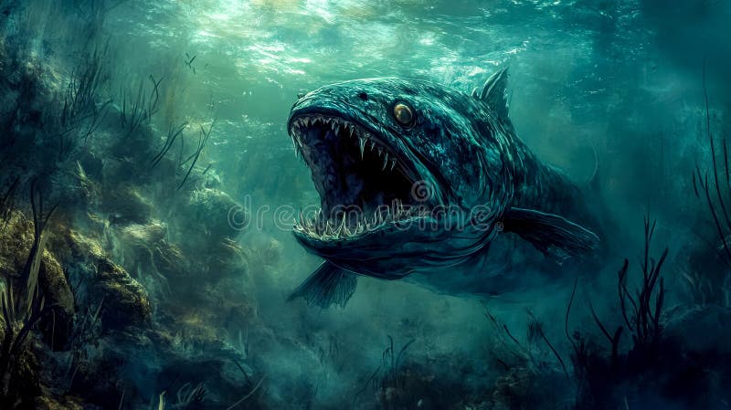 Giant Prehistoric Fish Swimming in Deep Ocean among Algae and Rocks ...