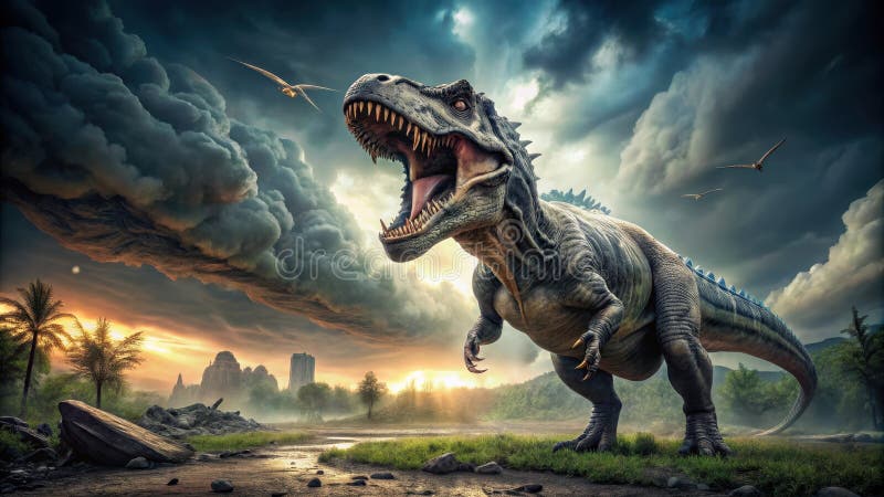 Massive Prehistoric Reptile Roaring Under a Dramatic Sunset Sky ...
