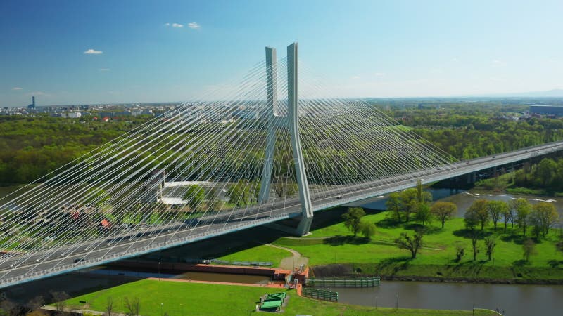 Massive Pylon Bridge Spanning Oder River Flowing by Wroclaw Stock ...