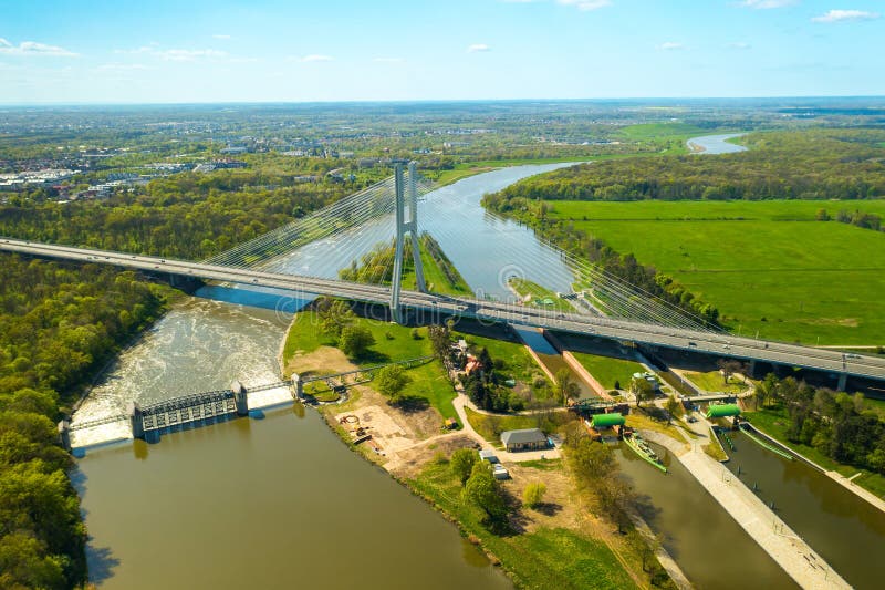 Massive Pylon Bridge Spanning Oder River Flowing by Wroclaw Stock Photo ...