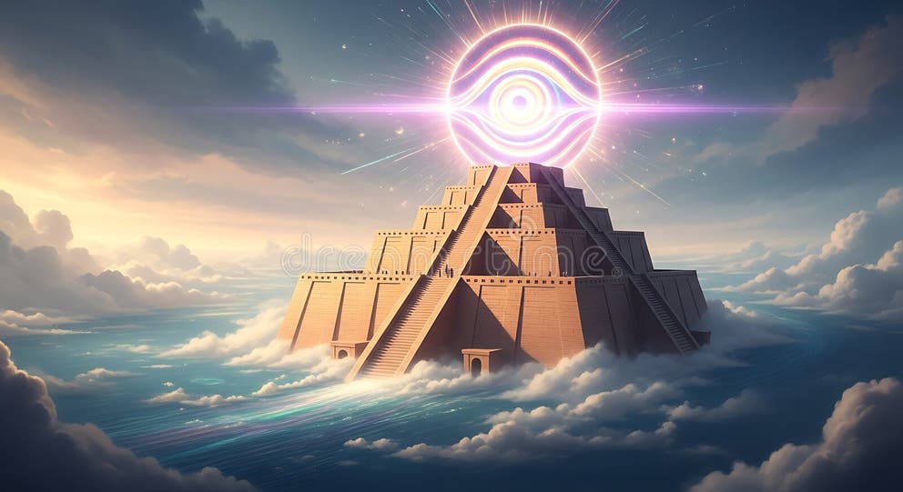A Massive Pyramid Structure Rises from the Clouds, Featuring Multiple ...