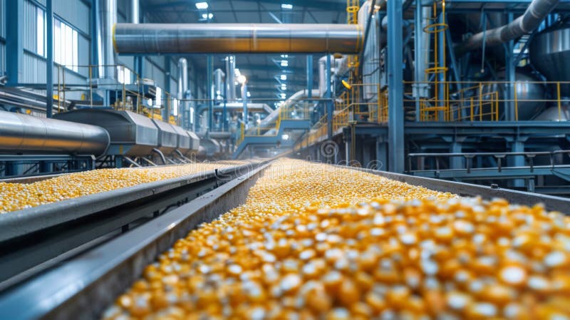 Conveyor Belt with Corn in Modern Industrial Processing Facility ...