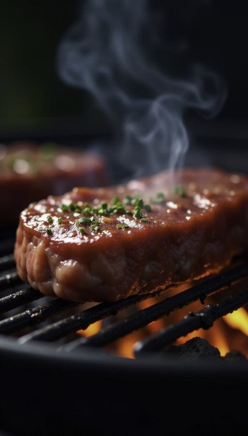 Massive Red Meat Chunk on a Grill with Smoke and Flames, Flames, Fire ...