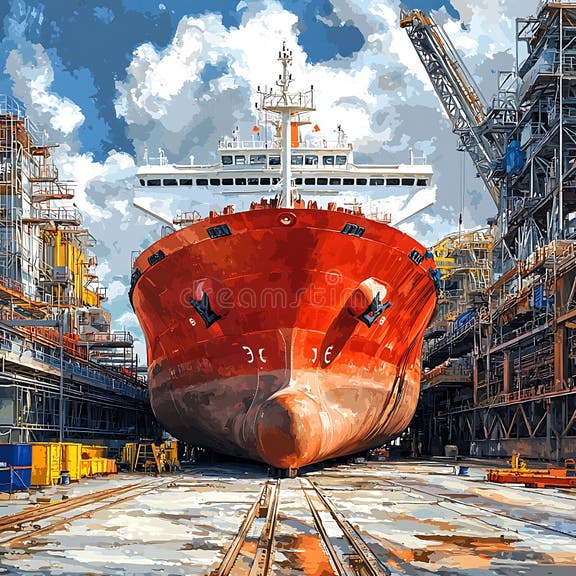 Massive Red Ship Under Construction in Busy Shipyard Stock Illustration ...
