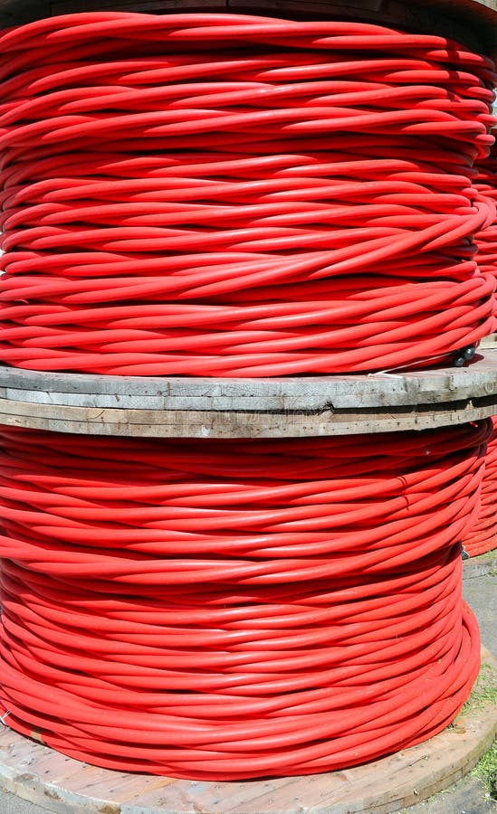 Massive Reels of Thick Red Electrical Power Cable for Transporting High ...
