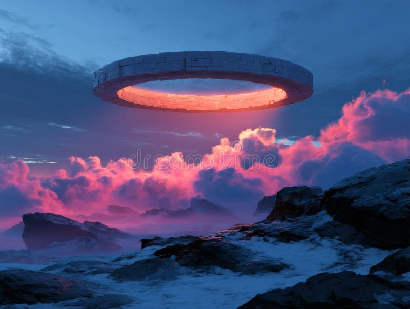 Massive Ring Structure Floating Above Snowy Rocks with Glowing Center ...