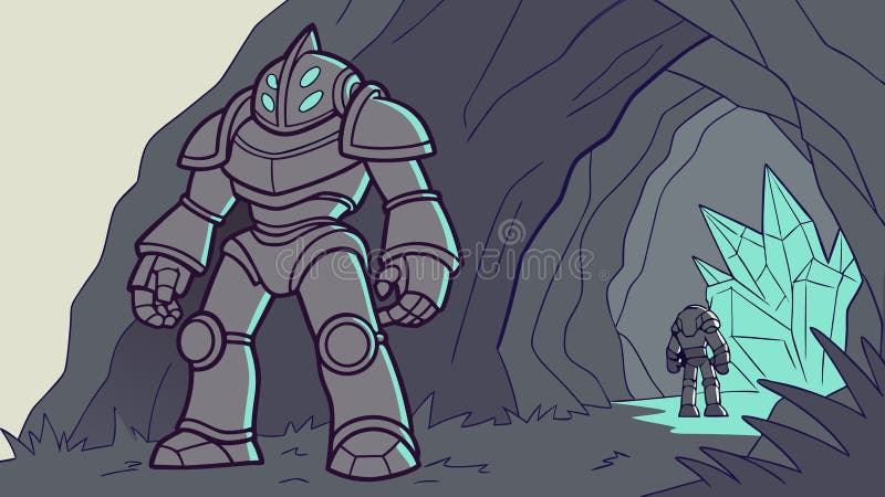 Massive Robot in a Dark Cave, Facing a Tiny Figure. Vector Design ...