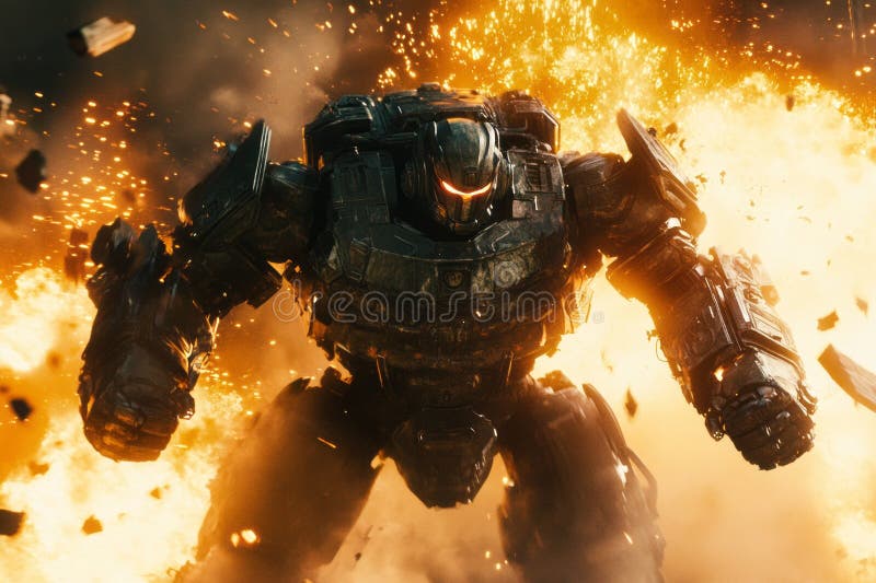 A Massive Robot Emerging from a Fiery Explosion, Set in a Dramatic ...