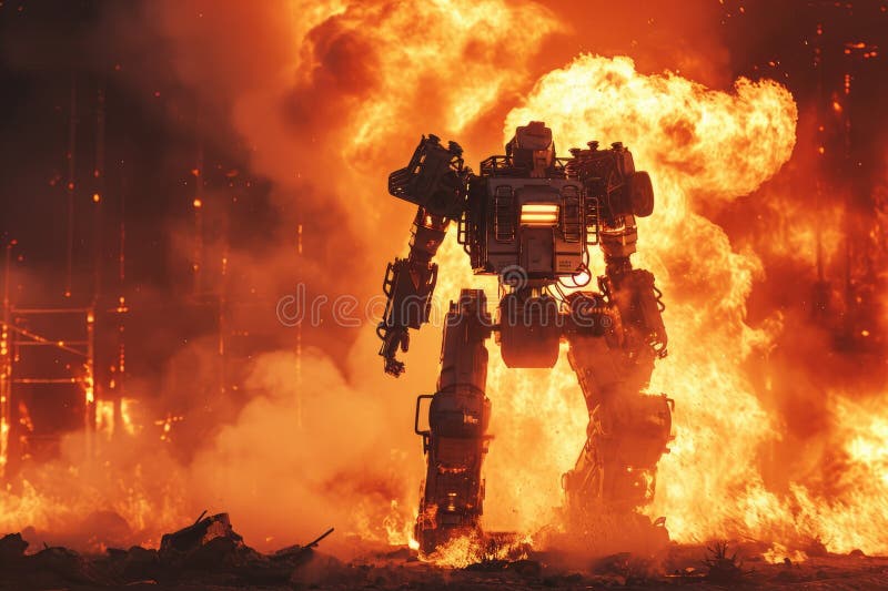 A Massive Robot Stands Resolutely in Front of an Intense Blaze ...