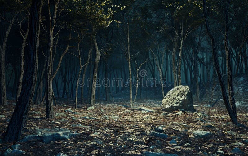 Large Rock Amidst Forest stock illustration. Illustration of scenery ...