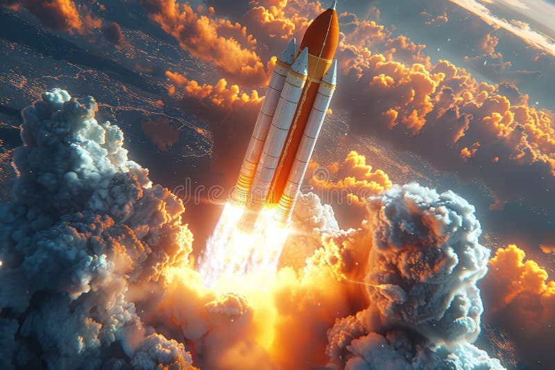 A Dynamic Rocket Launches into the Sky with Powerful Flames and Smoke ...