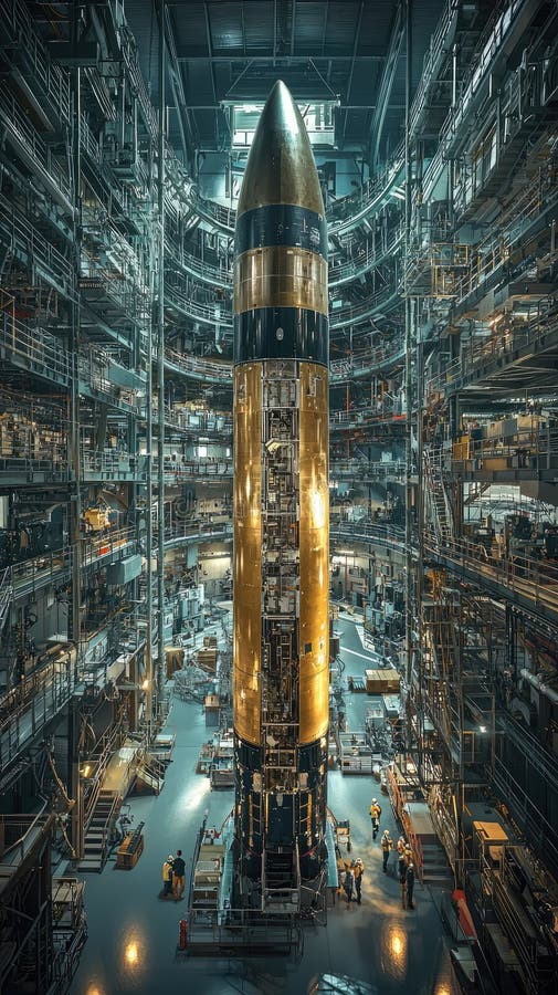 Massive Rocket Assembly in Industrial Facility with Engineers and ...
