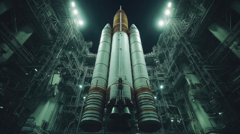 A Massive Rocket Stands Ready for Launch, Illuminated by Powerful ...
